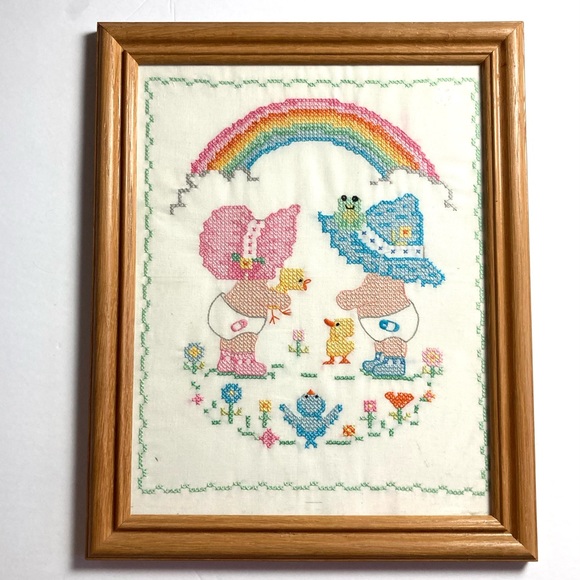 Vintage | Art | Vintage Needlepoint Baby Girl Baby Boy In Wood Frame ...
